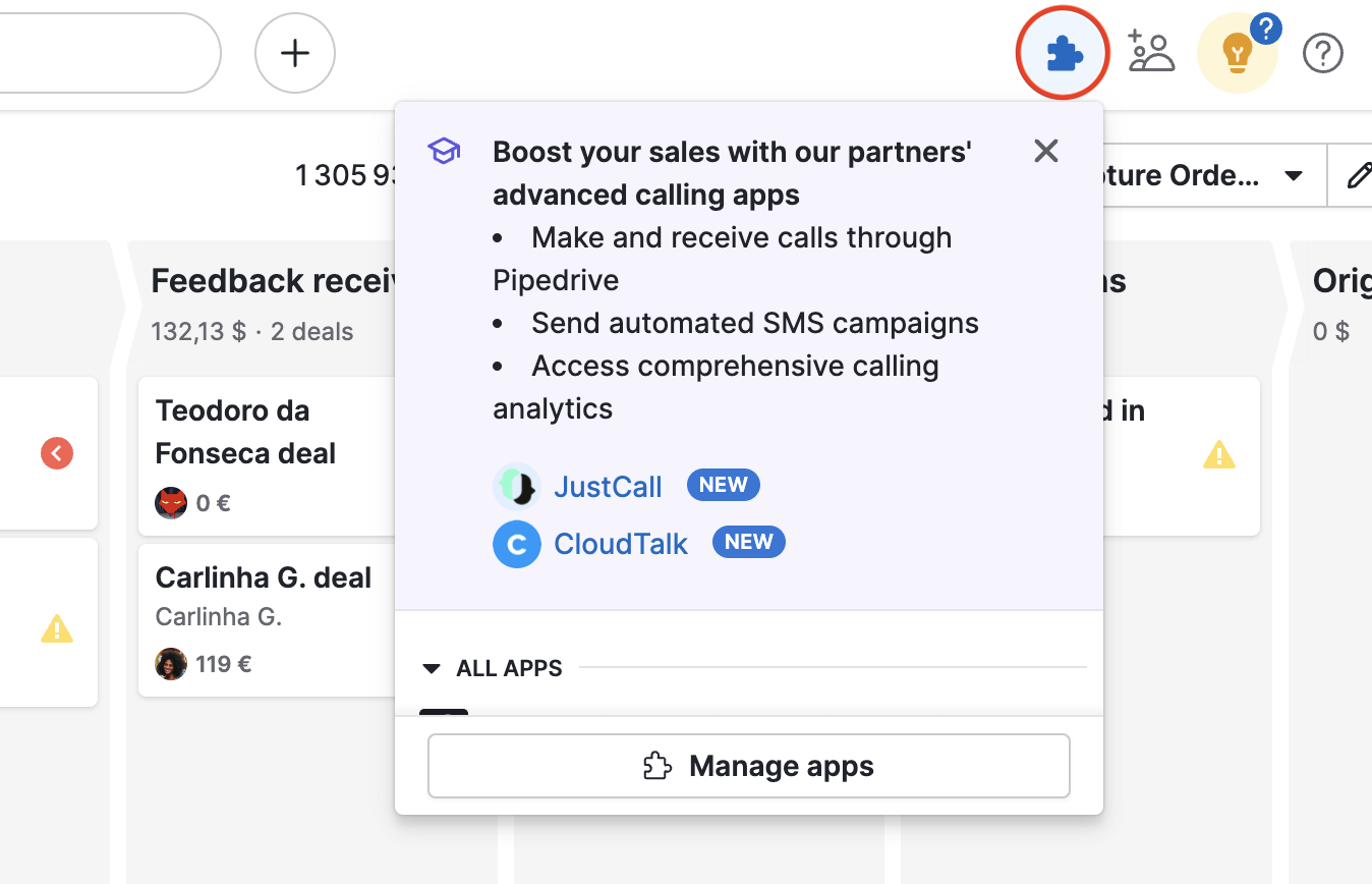 Apps with quick access - Knowledge Base | Pipedrive